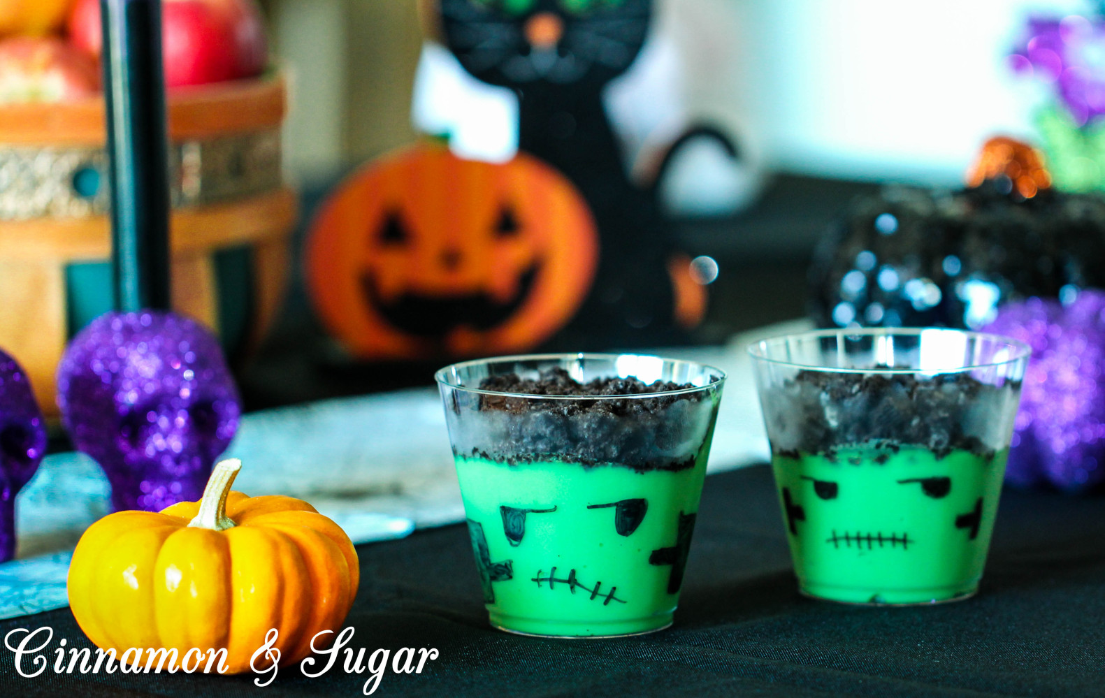 Frankenstein Pudding Cups - Cinnamon and Sugar