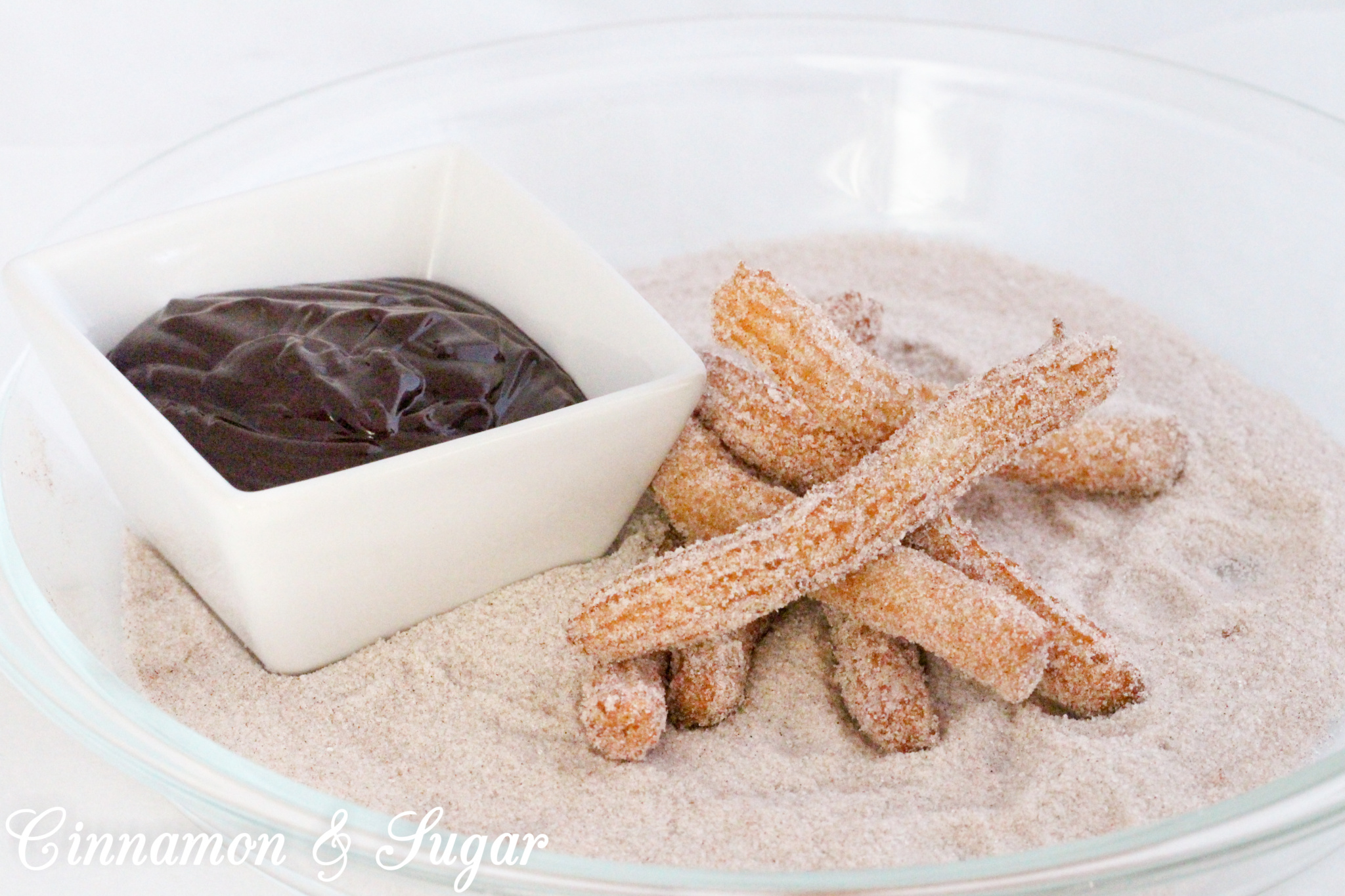 Churros with Mexican Chocolate Dipping Sauce - Cinnamon and Sugar